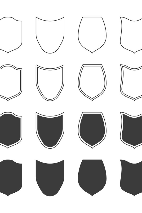 Shields badge icon set. Outline shield label, symbol of safe