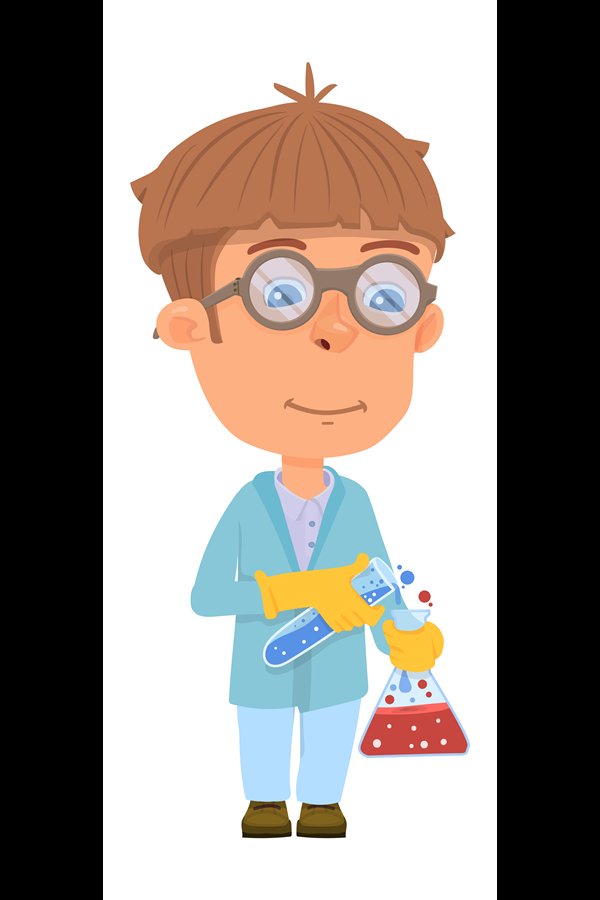 Scientist kid. Cartoon boy with flasks. Chemistry experiment