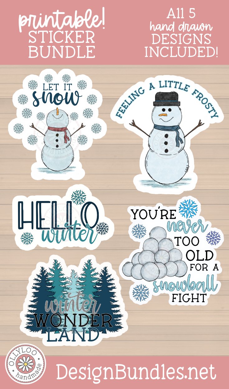 Winter Printable Stickers Bundle - 12 Hand Drawn Designs