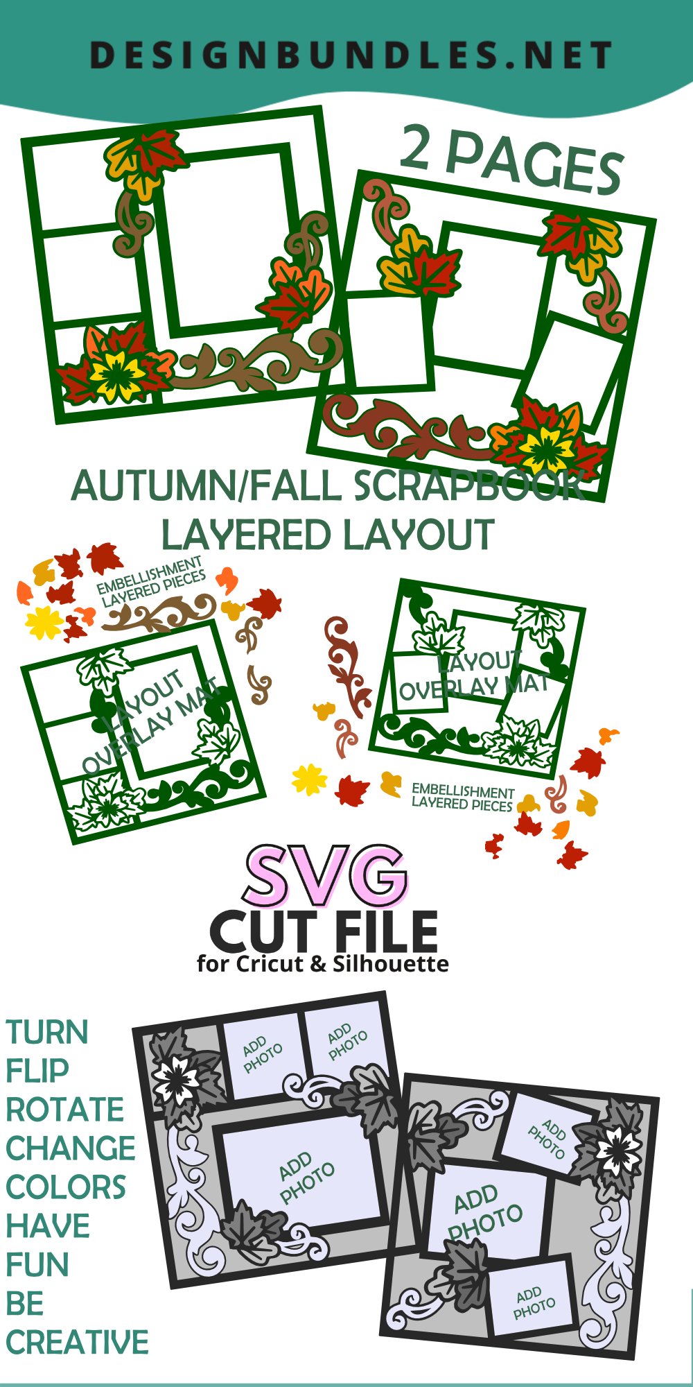 SCRAPBOOK FALL AUTUMN LAYOUT OVERLAY CUT FILE SVG DXF PNG