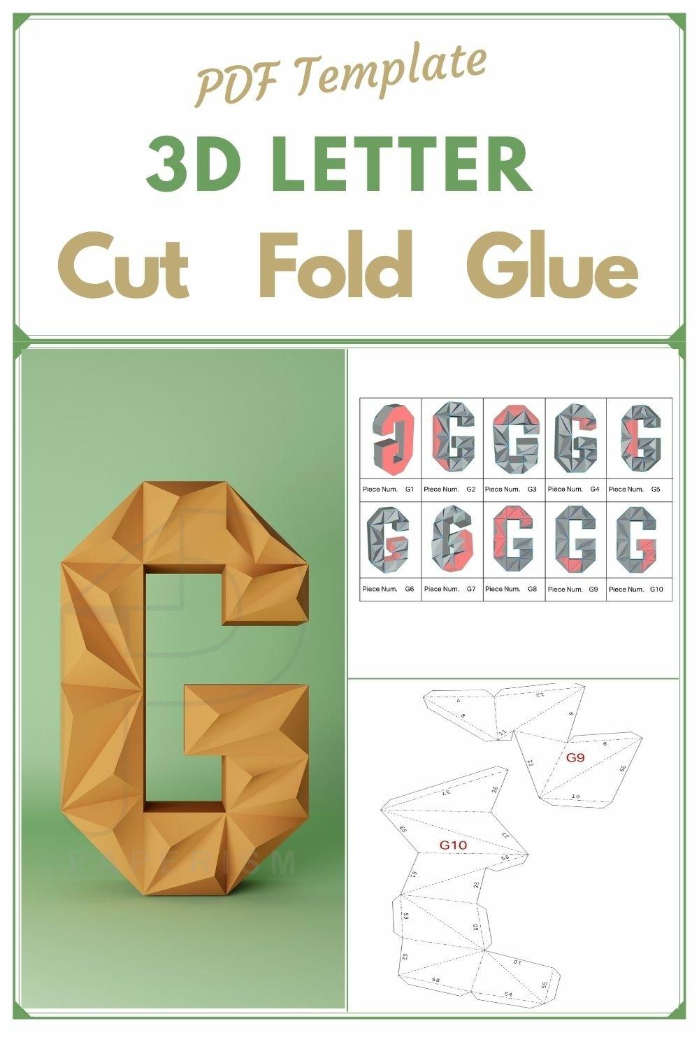 G Letter Papercraft, 3d Alphabet, DIY pdf template, low poly