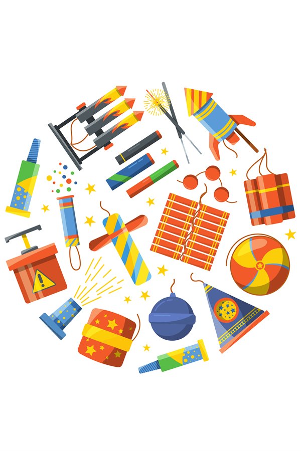 Vector cartoon pyrotechnics gathered in circle illustration