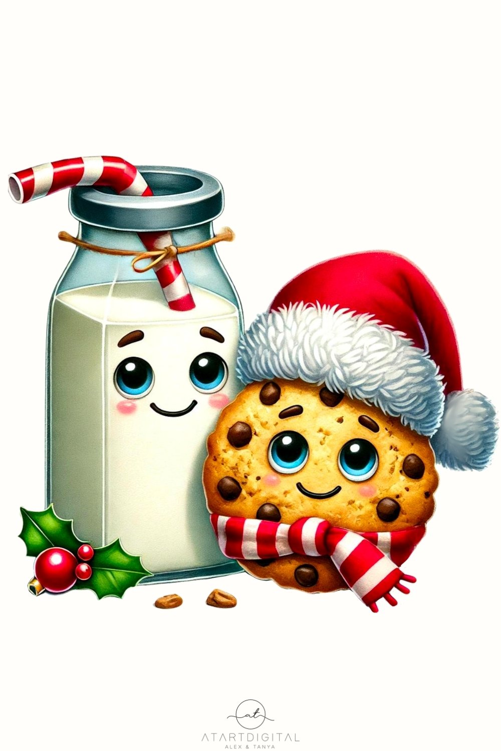 Kawaii Milk and Cookie PNG, Retro Watercolor Christmas