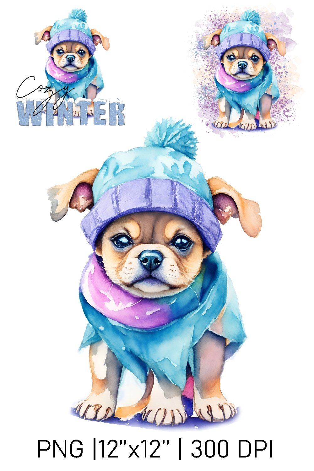 Cute winter dog in hat and scarf sublimation designs PNG