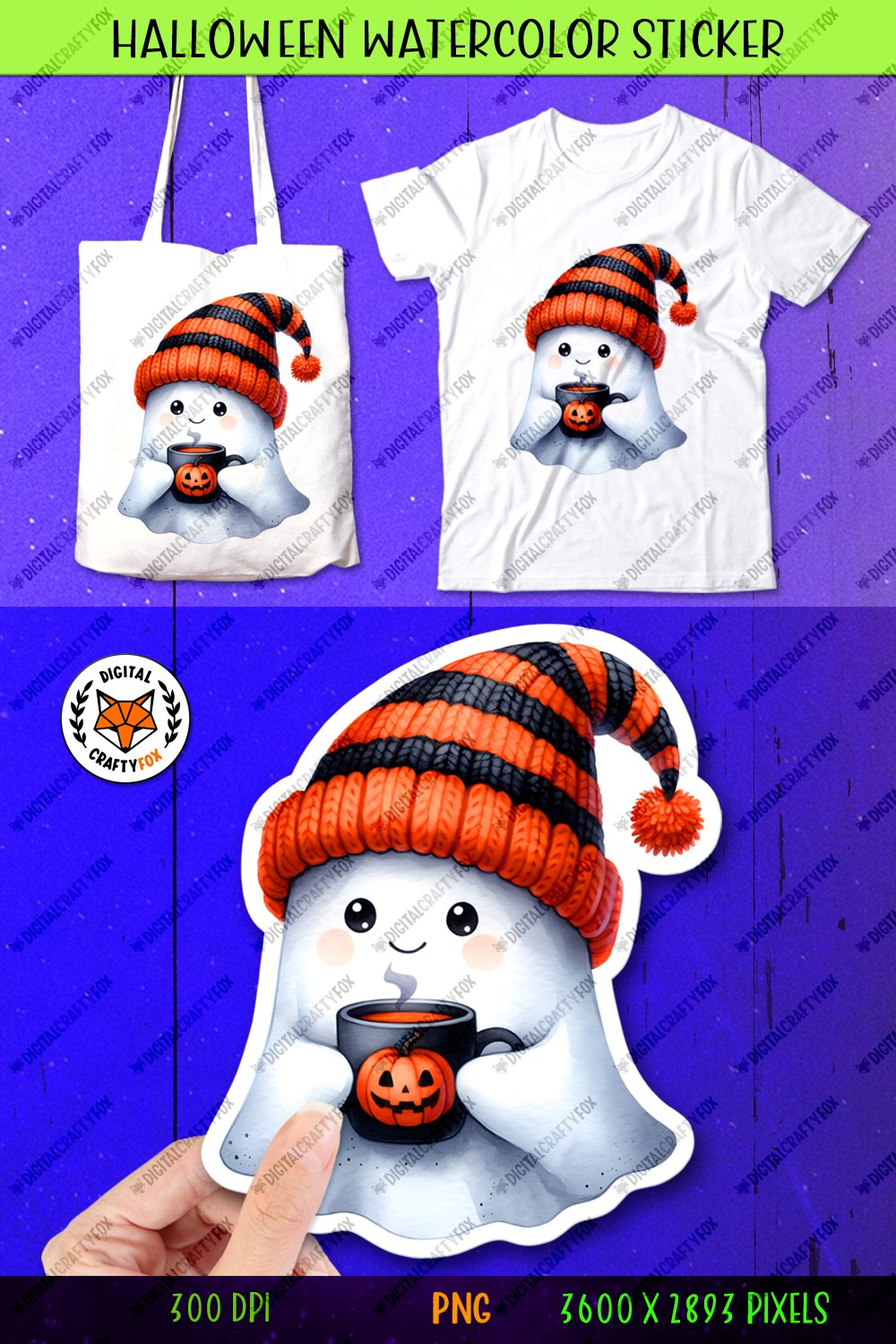 Halloween Ghost Hat Sticker PNG, Watercolor Kawaii Ghost