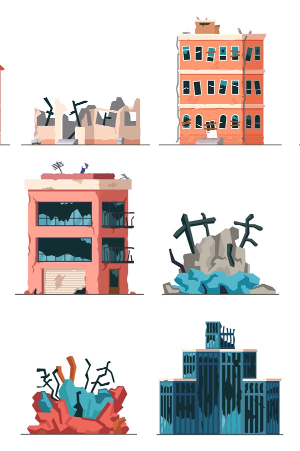 Old ruined, abandoned and collapsed city office buildings. A