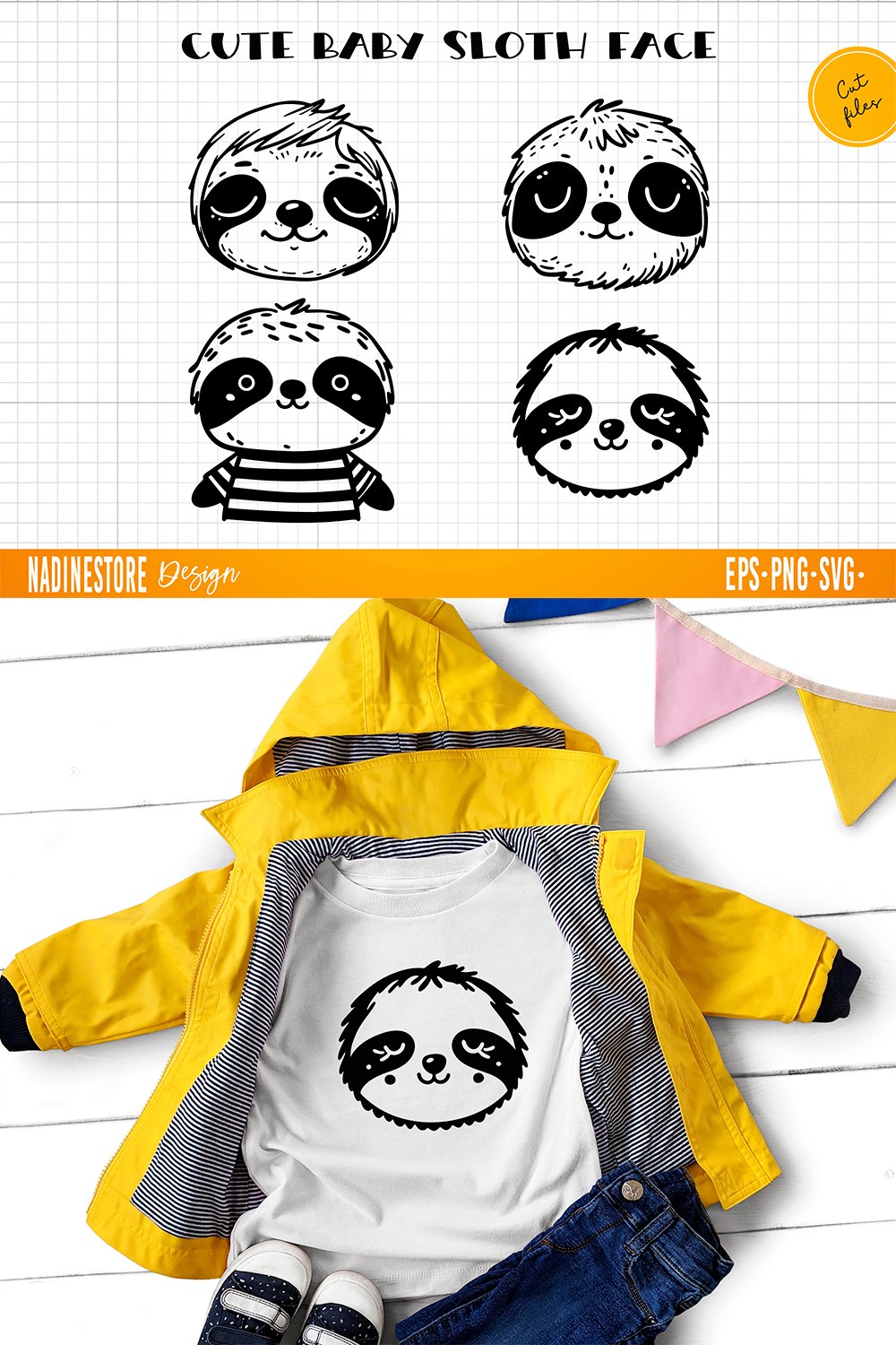 Cute baby sloth face. SVG, PNG, EPS. Cut file.