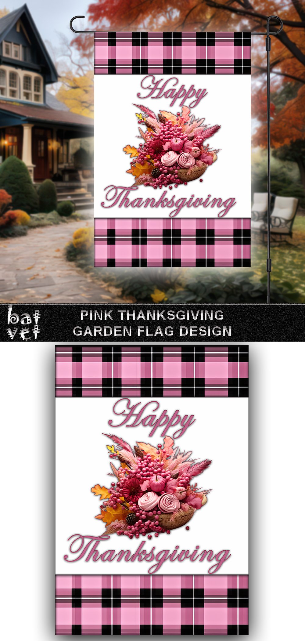 Pink Thanksgiving Garden Flag PNG | Pink Garden Decor Print