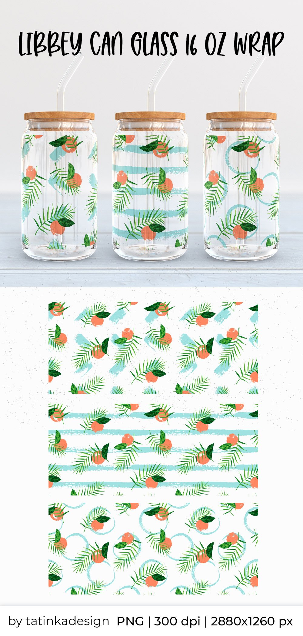 Libbey can glass sublimation with tropical leaves