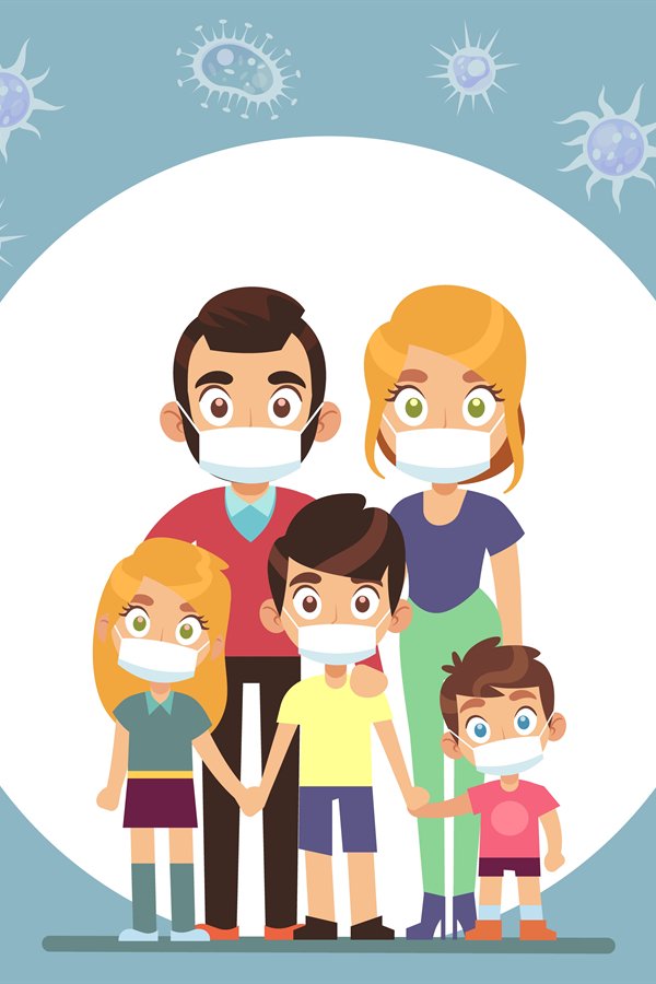 Family face masks. Parents and children wearing protective m
