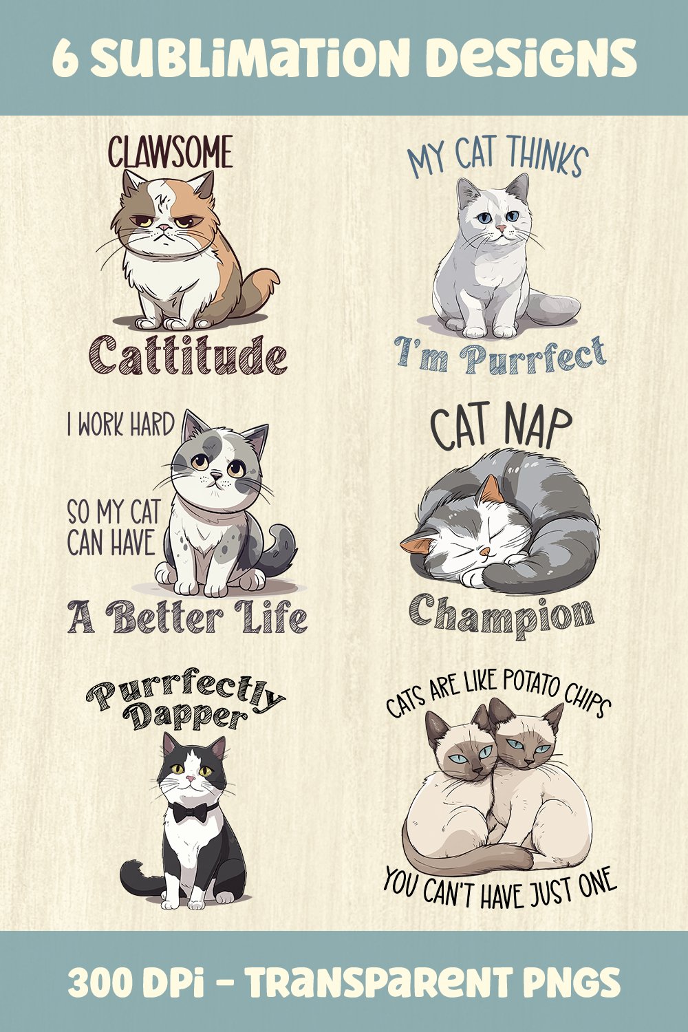 Cat lovers sublimation bundle, hand drawn transparent PNGs