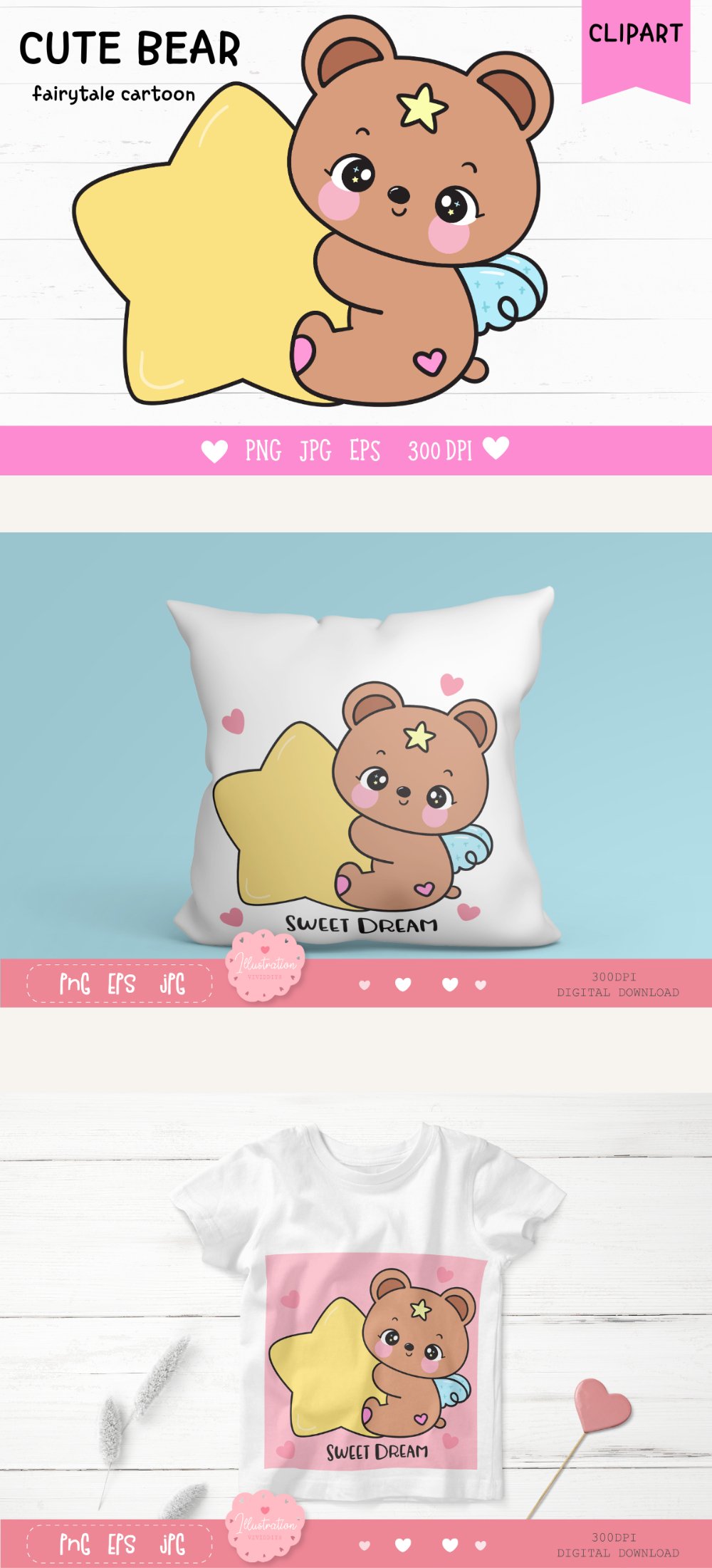 Cute teddy bear on moon with magic star sweet dream fairy