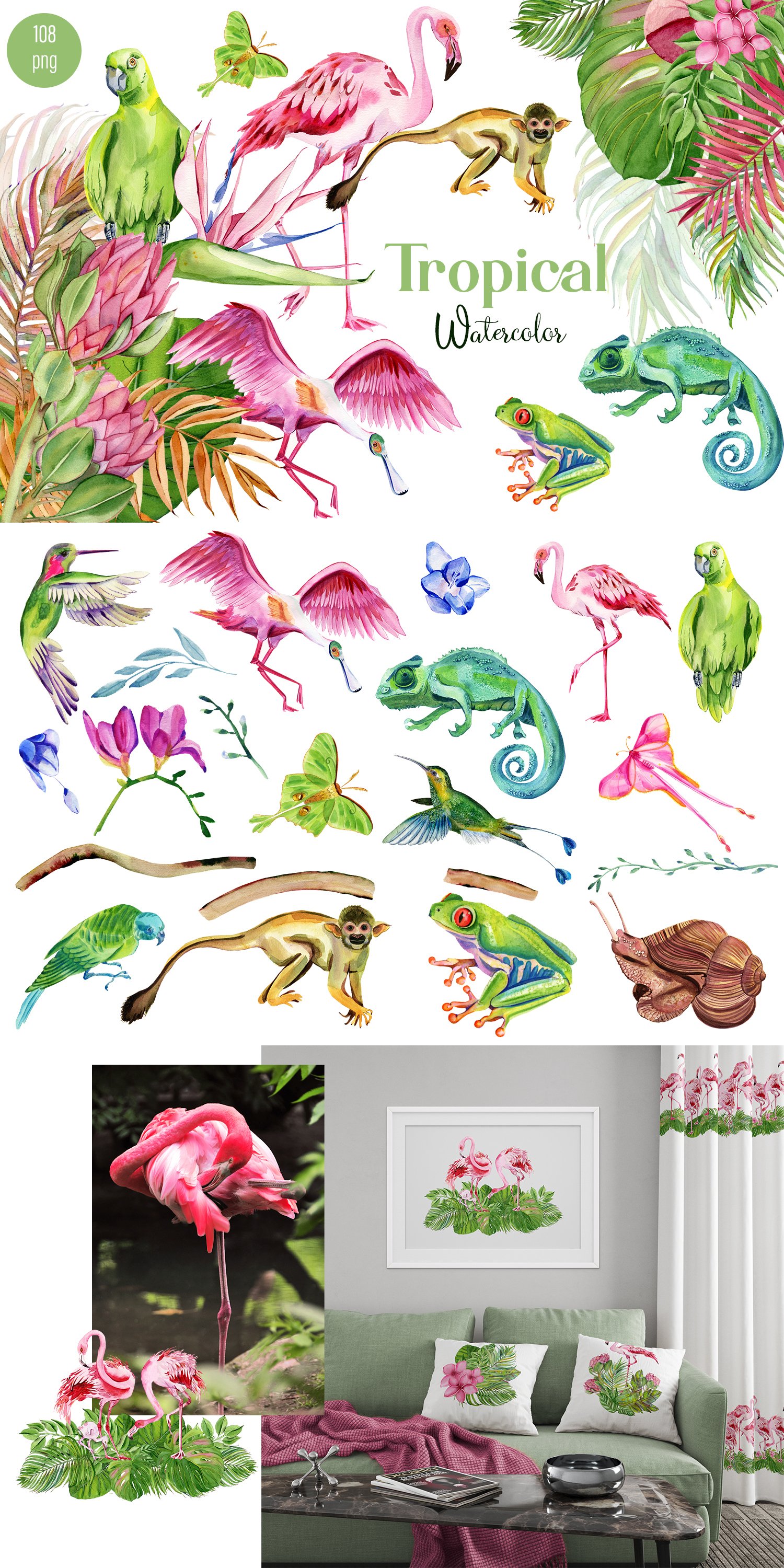 Tropical animals and plants watercolor clipart