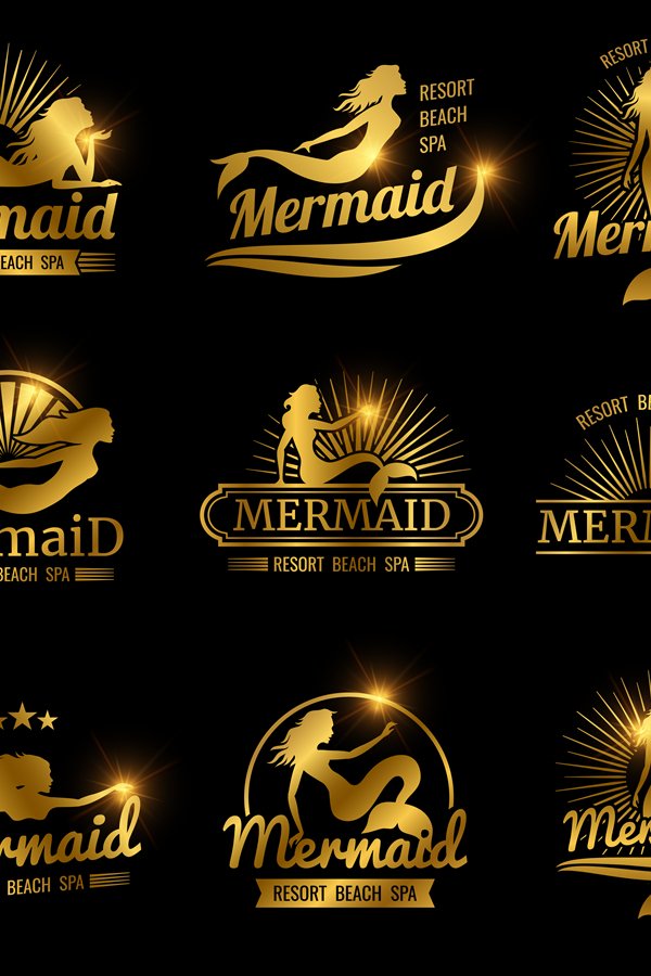 Golden mermaid labels. Shiny resort beach spa logos design