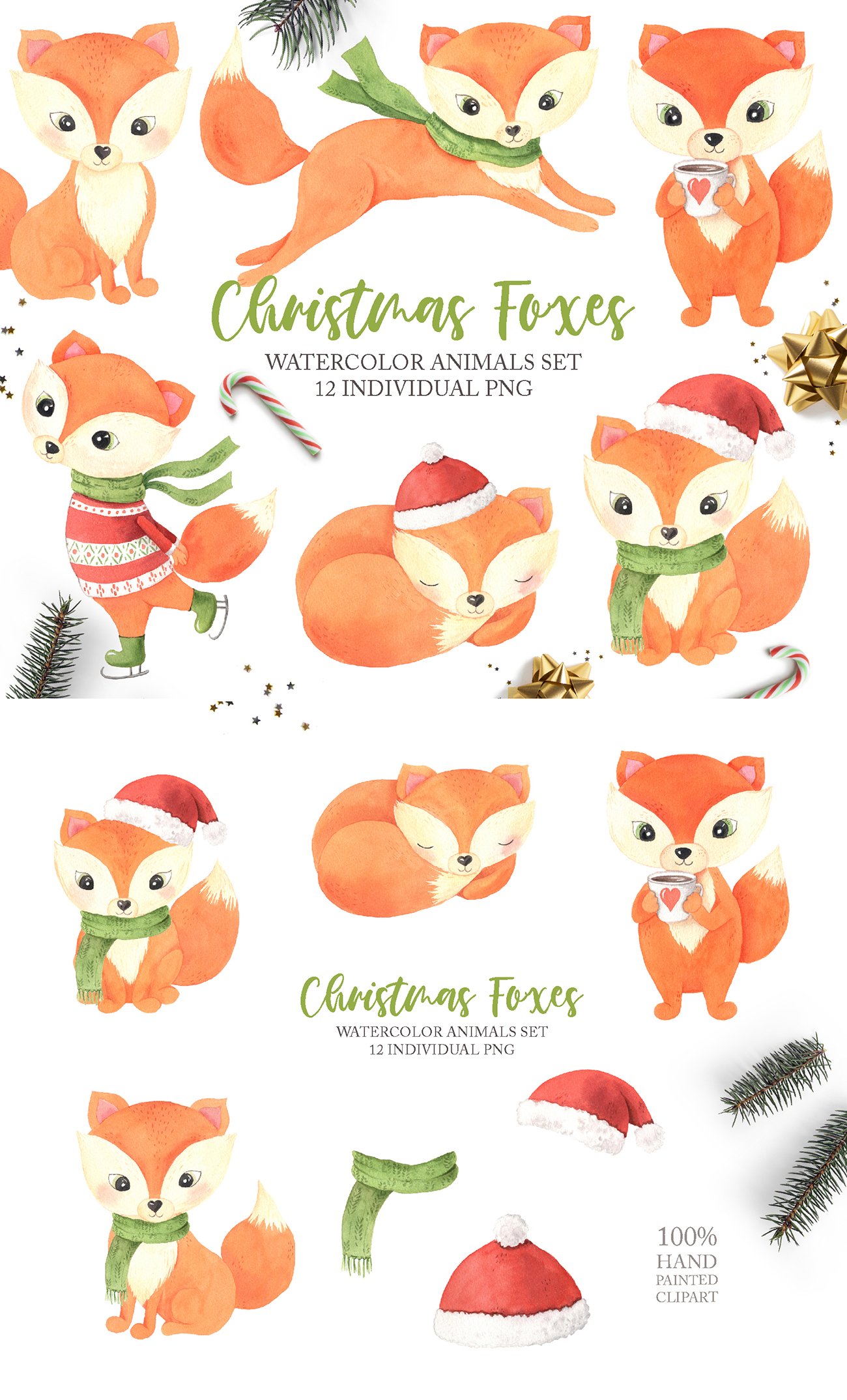 Watercolor Christmas Foxes Clipart