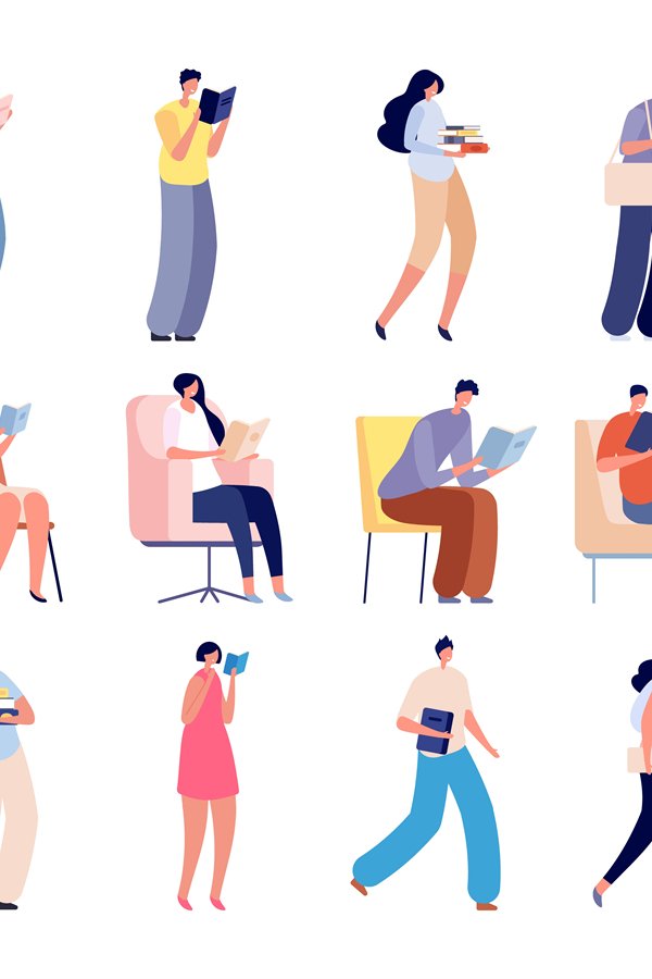 People reading books. Person group read, student in chair in