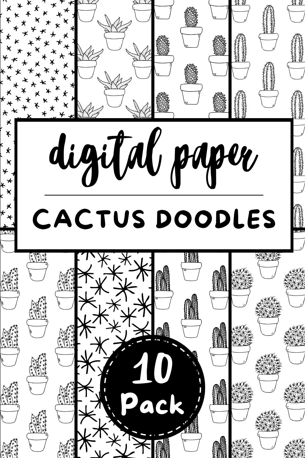 Cactus Digital Paper Pack, Black And White Succulent Pattern