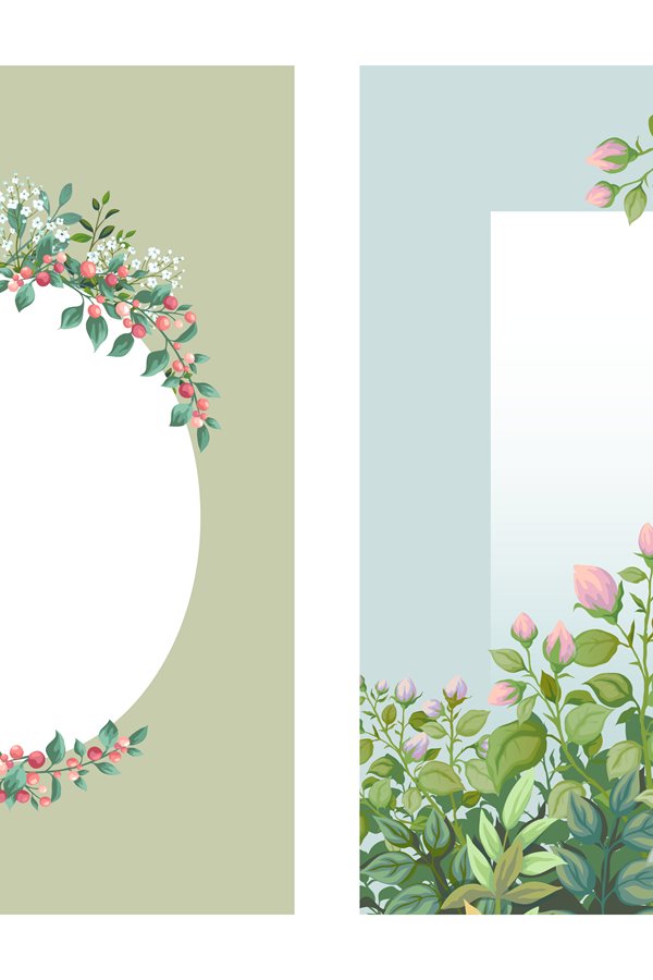 Greenery posters. Trendy floral frames, borders of green lea