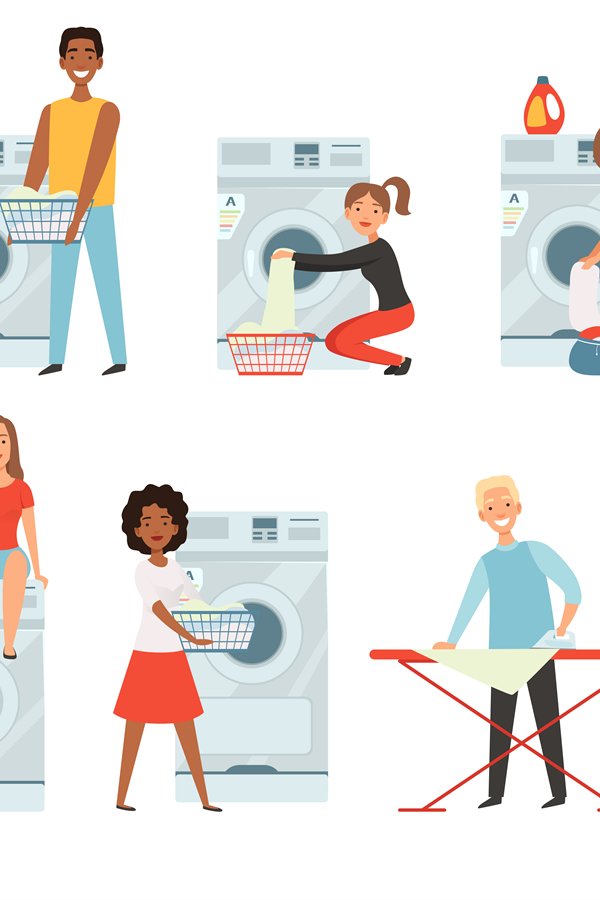 Female characters in laundry. Vector pictures set isolate