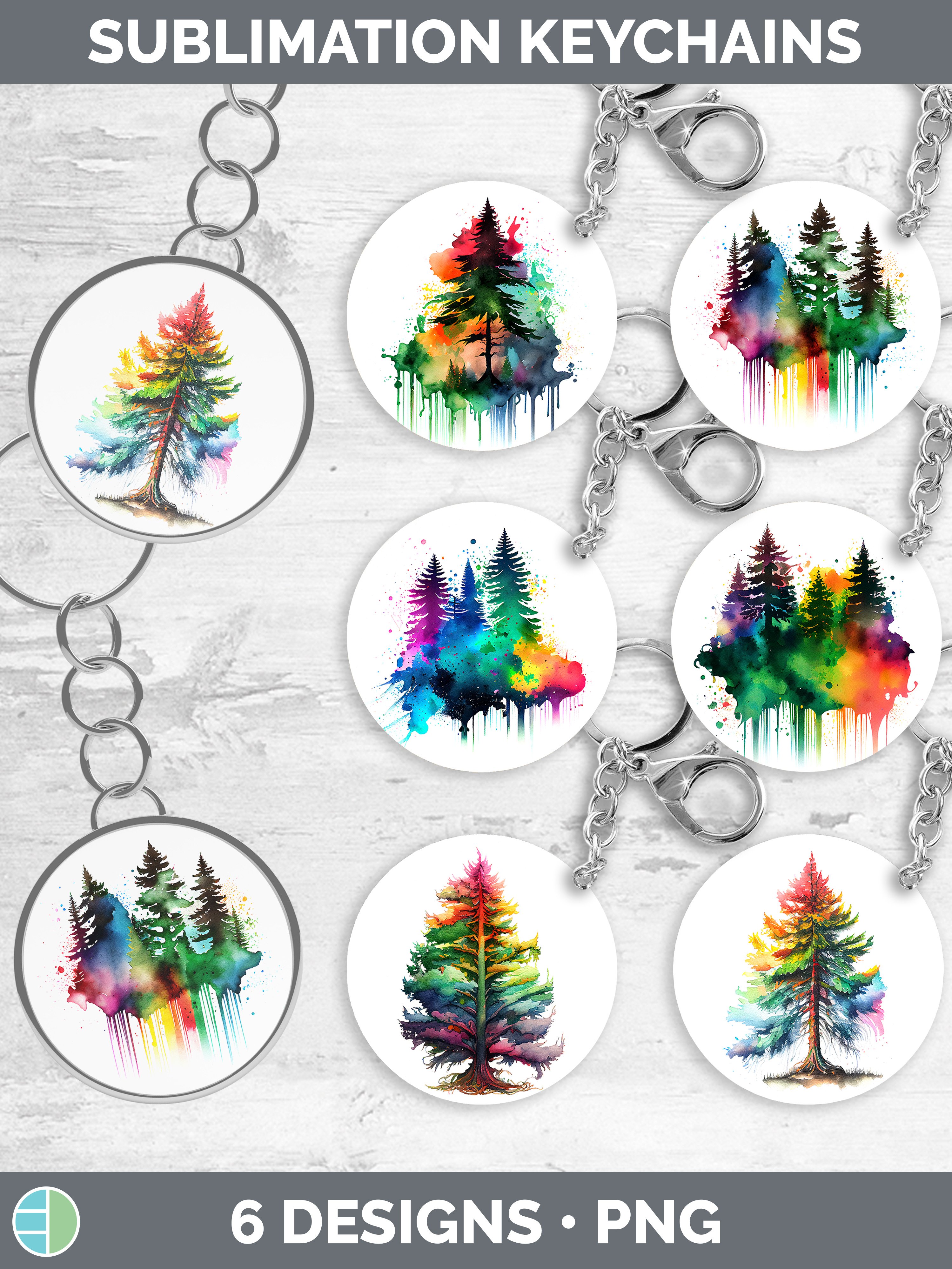 Rainbow Fir Trees Keychain | Sublimation Keyring Designs Bun