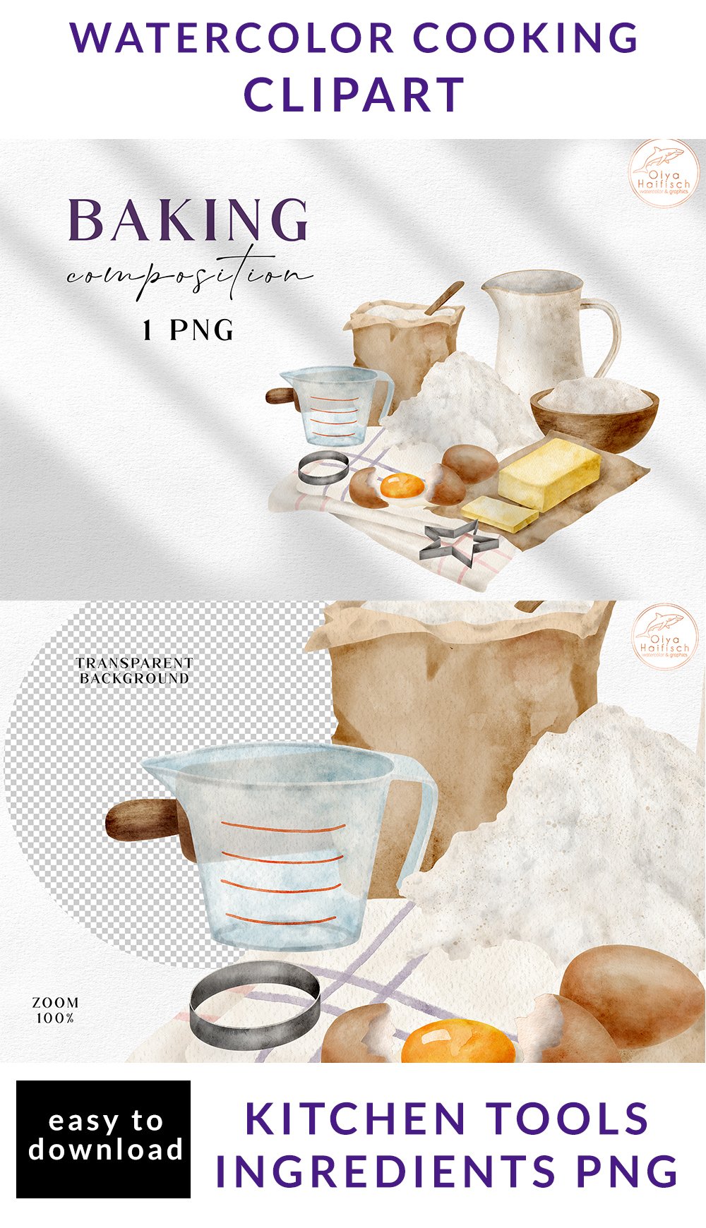 Watercolor Baking Clipart. Cooking Ingredients and Tools PNG