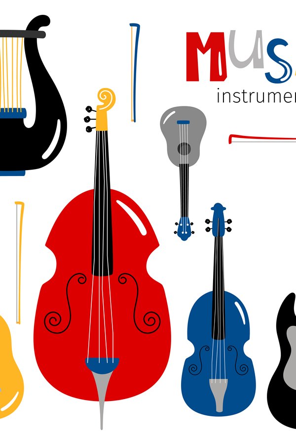 Vector stringed musical instruments icons isolated on white