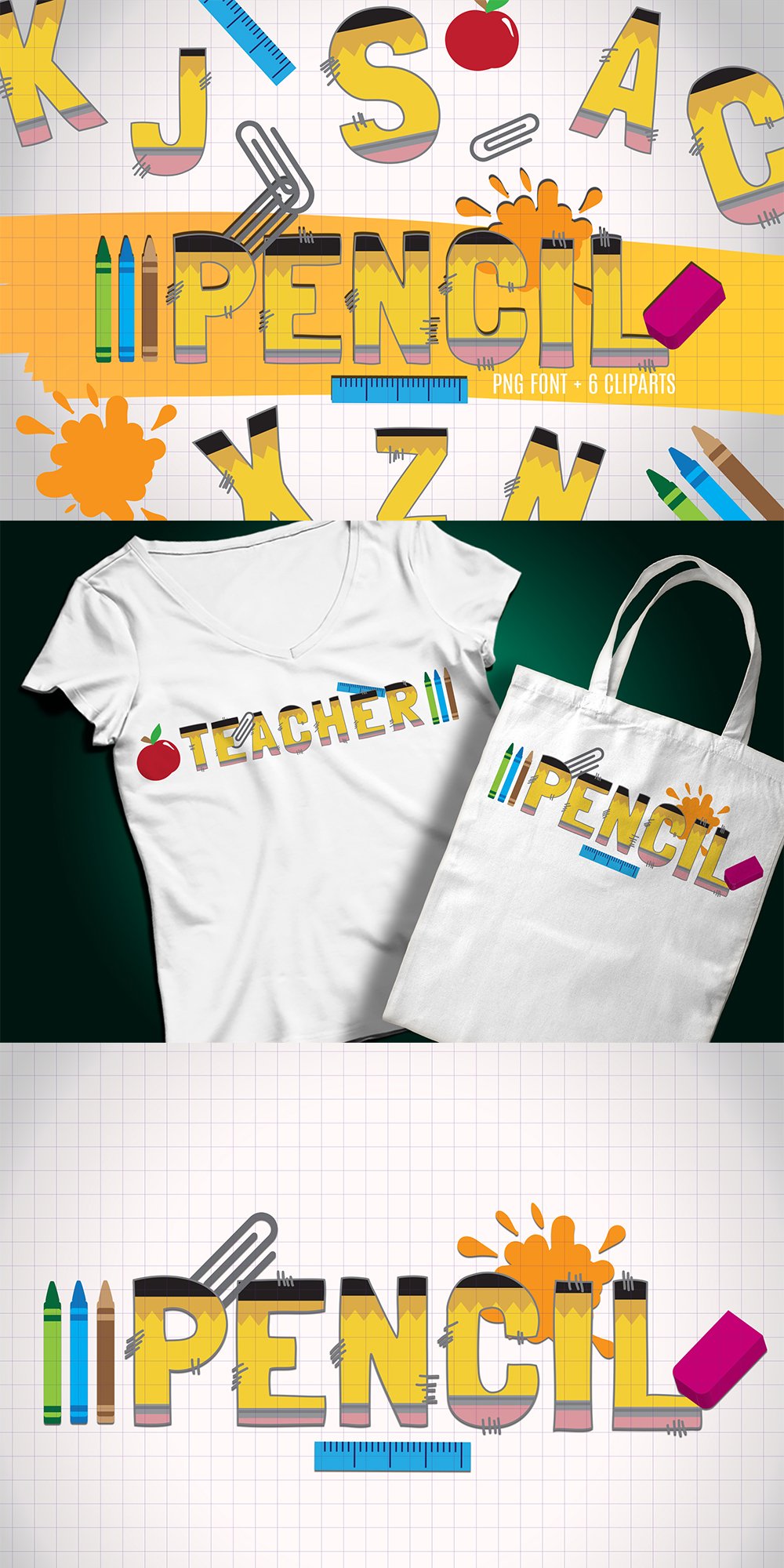 Pencil School Doodle Letters Alphabet Bundle With Clipart