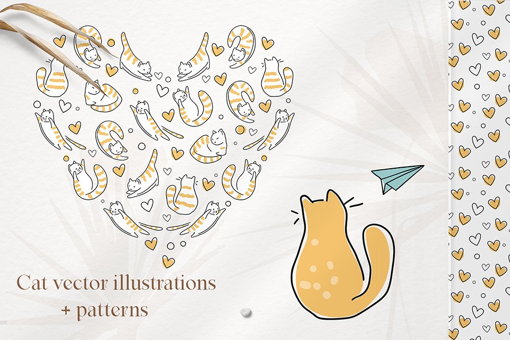 Cats doodle and cats patterns. Tiger-striped cat