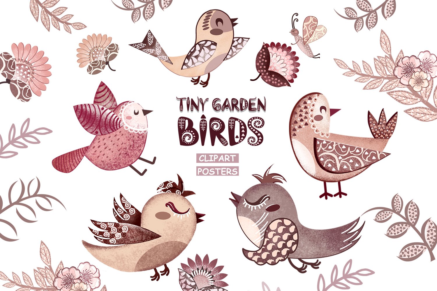 Cute birds with flowers clipart, Pink birds, burgundy flower