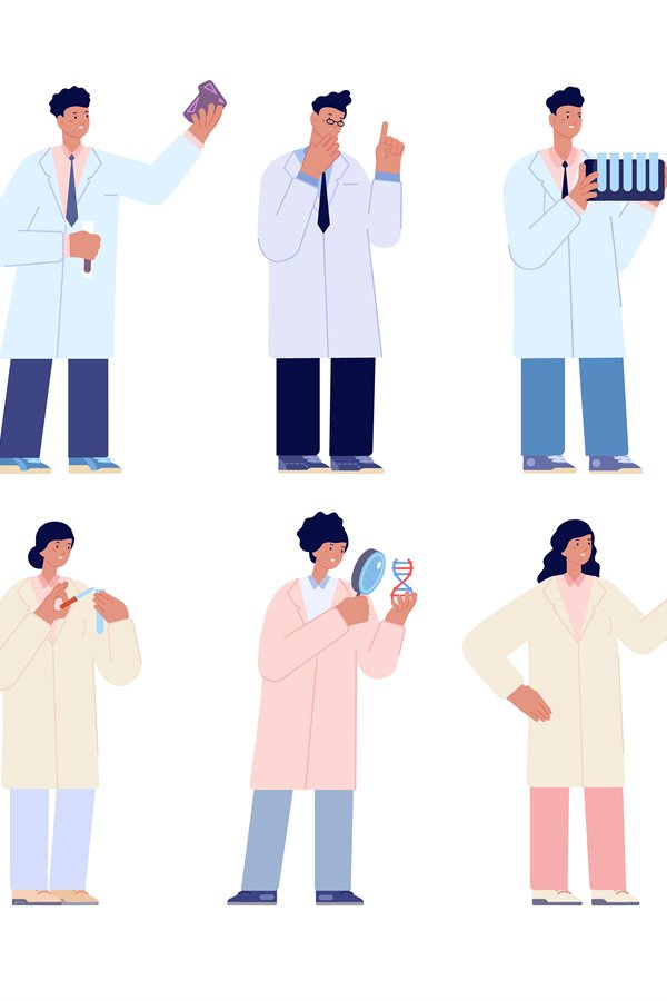 Research characters. Lab scientist, science doctors team. Me