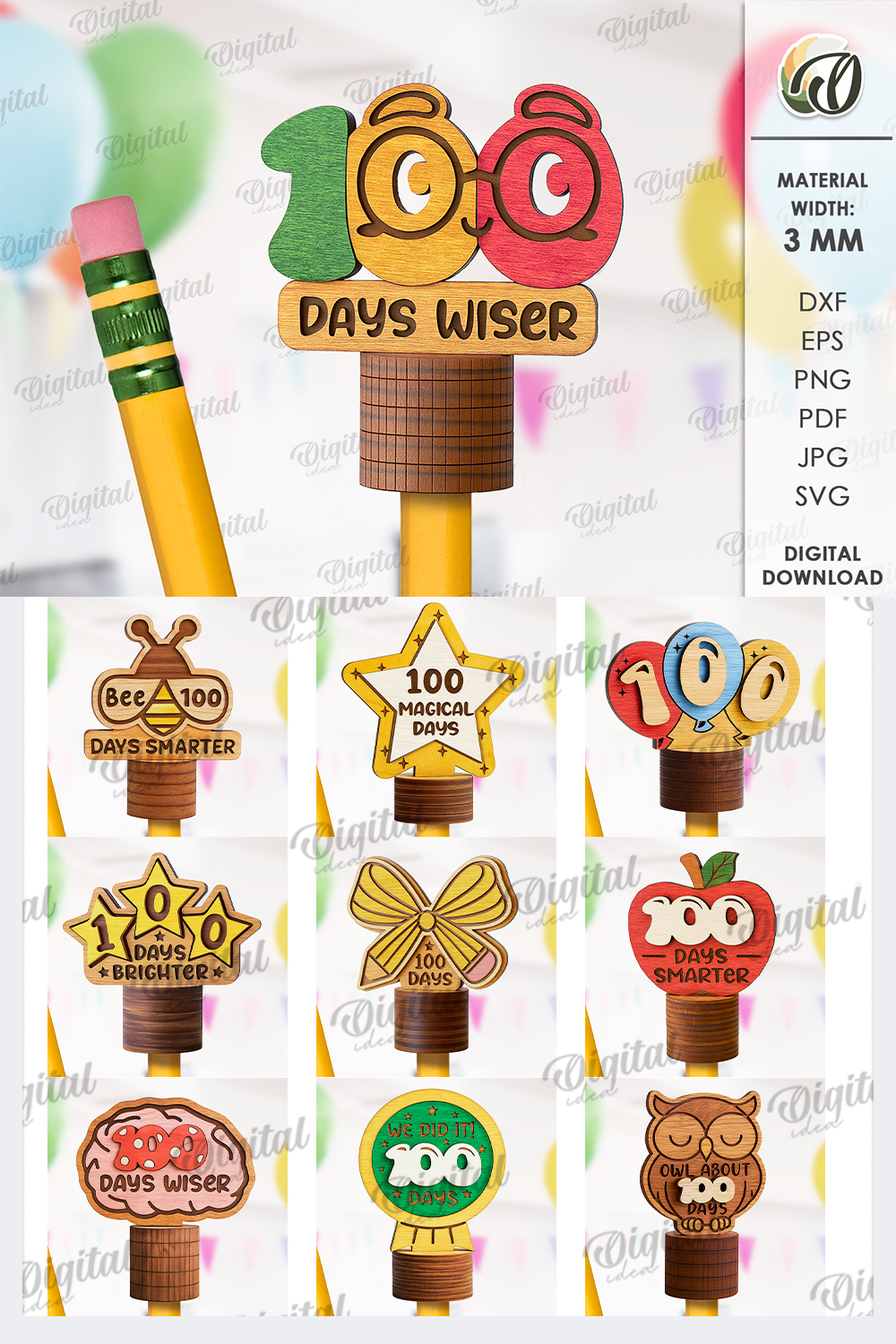 100 Days of School Pencil Toppers Bundle Laser Cut
