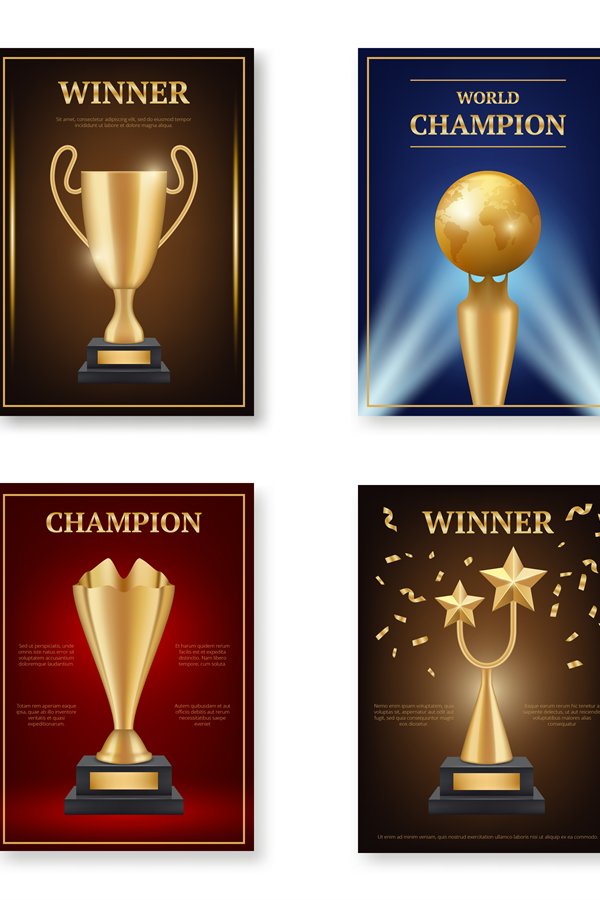 Trophy poster. Winner awards placard design template medals