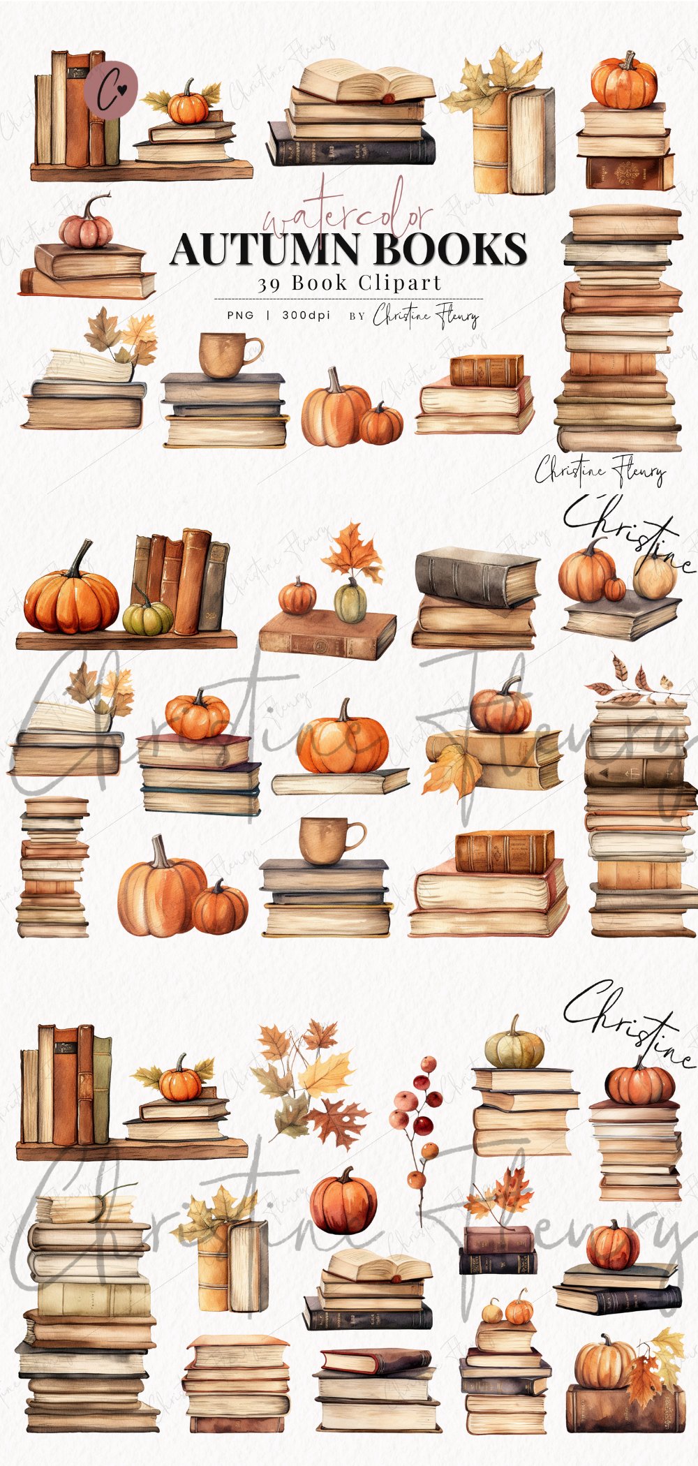 39 Watercolor Autumn Books Clipart