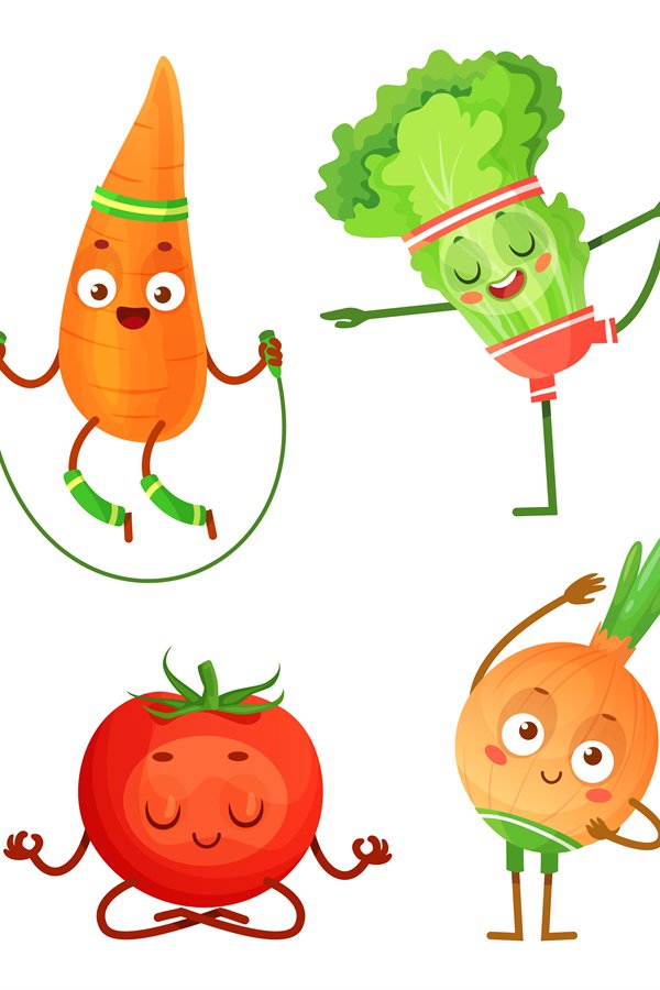 Cartoon vegetables fitness. Vegetable characters workout, he