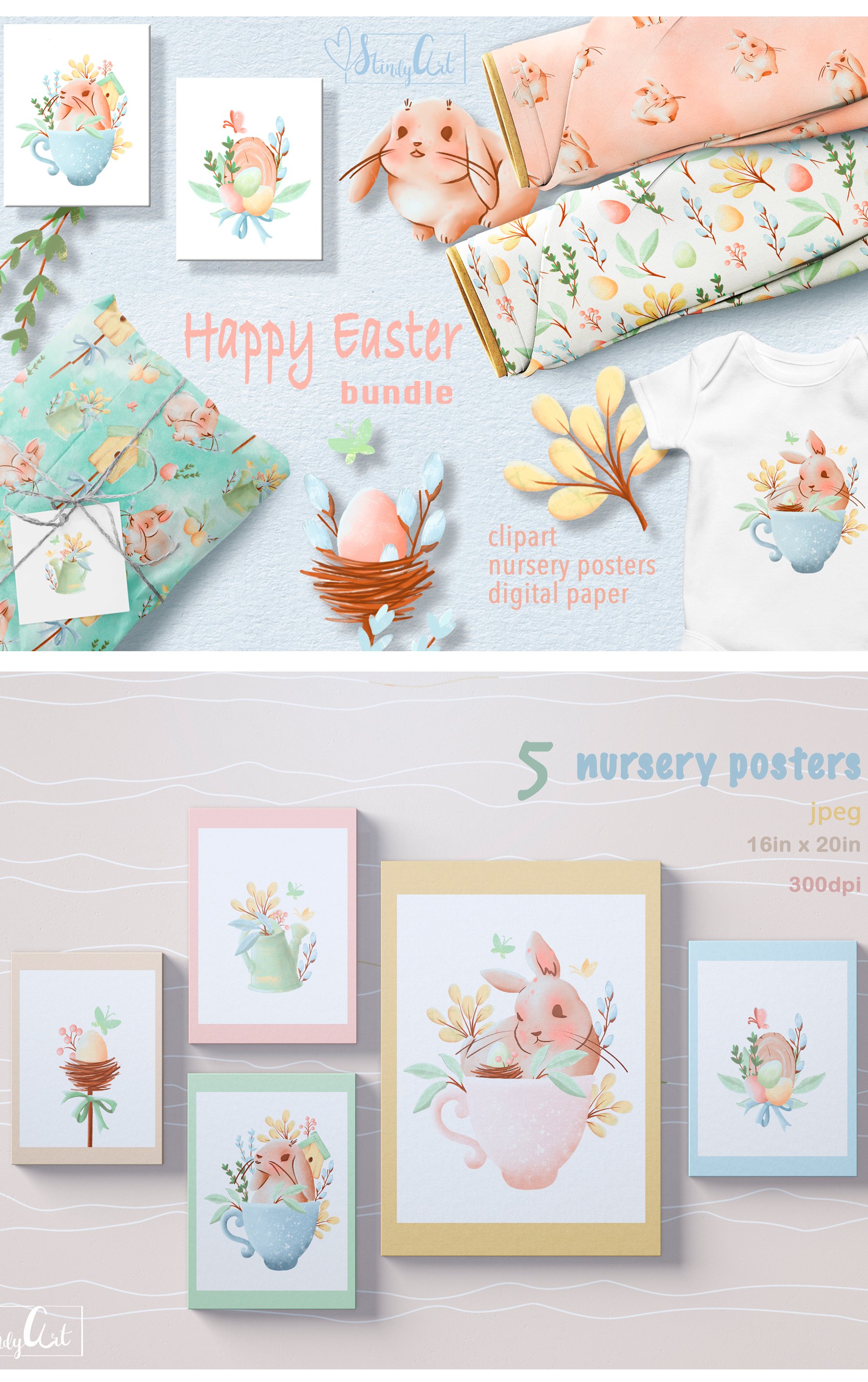 Easter bundle with watercilor clipart and digital paper