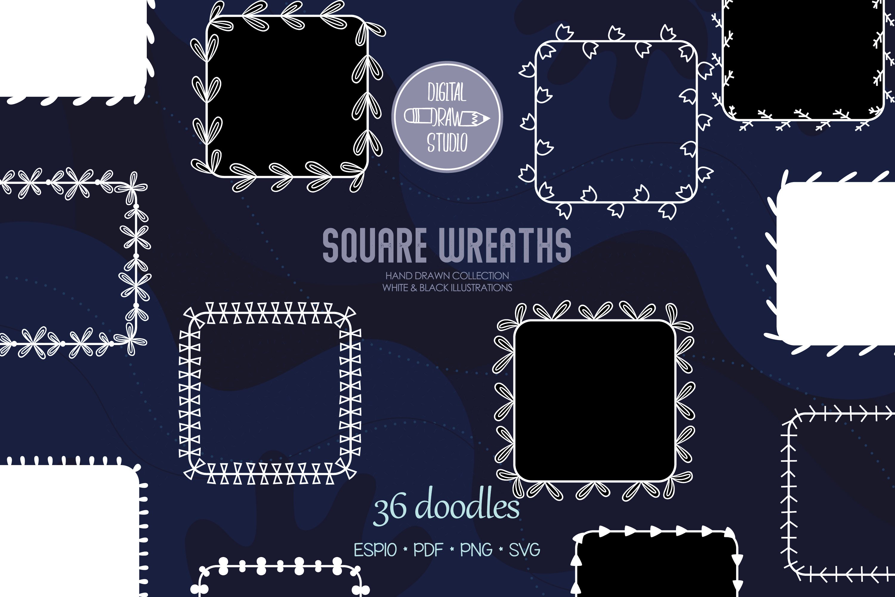 White Square Wreaths | Hand Drawn Frames, Floral Borders