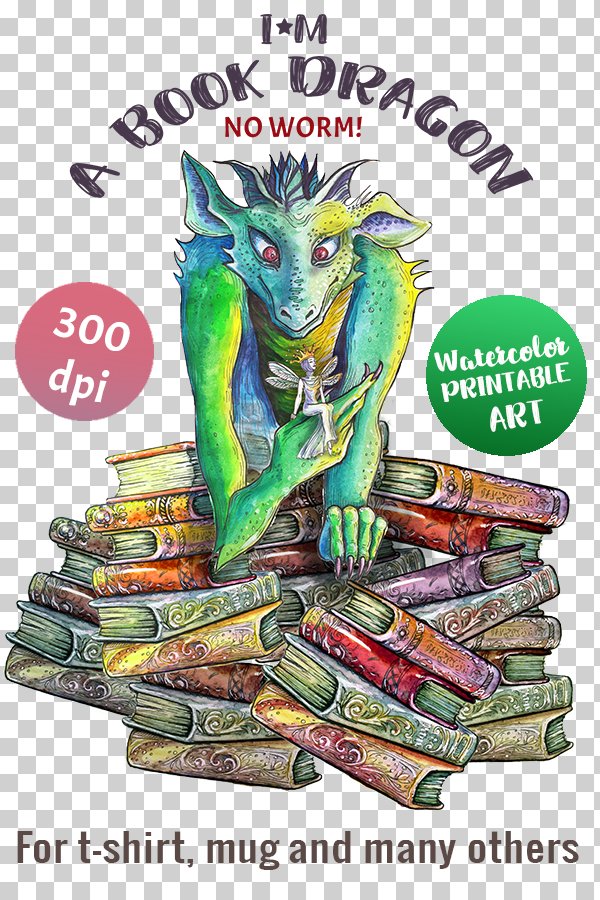 Watercolor printable Dragon, books and inspiration