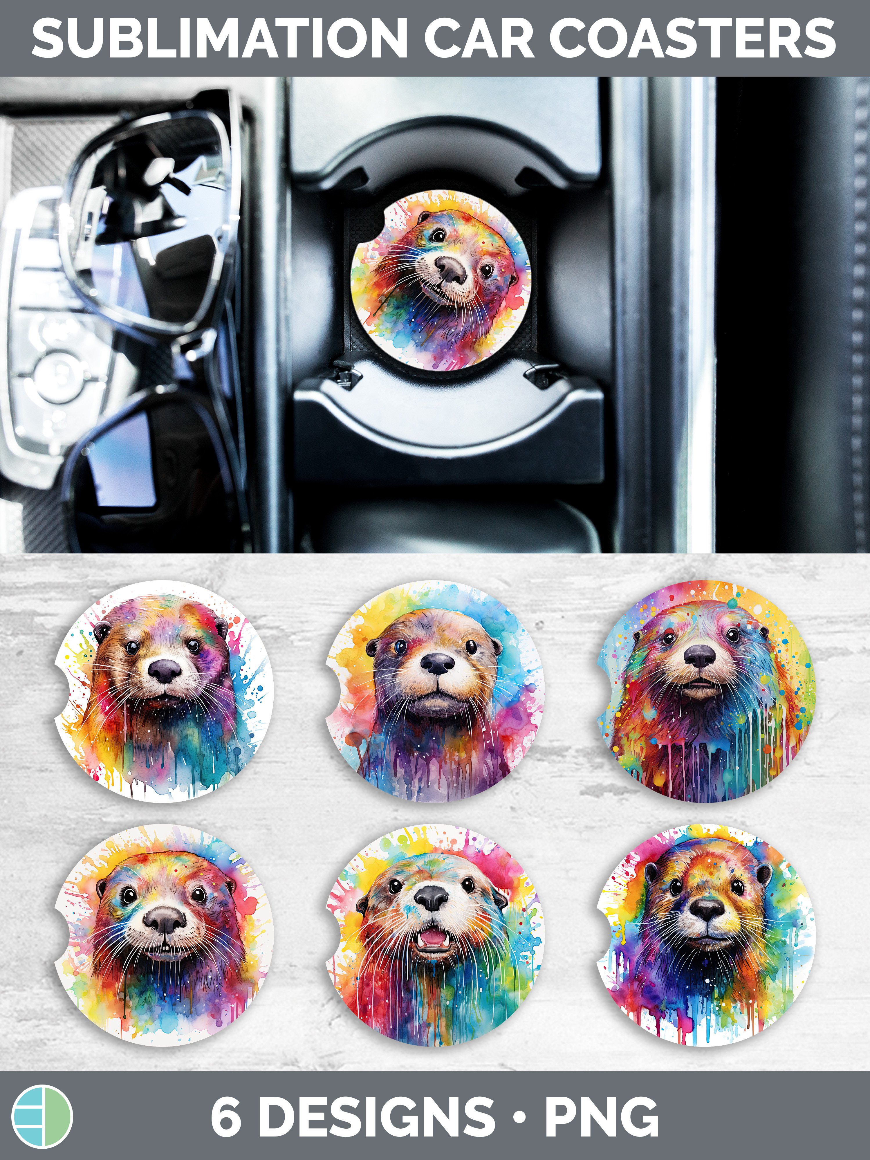 Splat Rainbow Otter Car Coaster | Sublimation Coaster Design