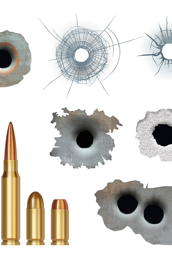 Bullets realistic. Damaged cracked gun holes surfaces and bu