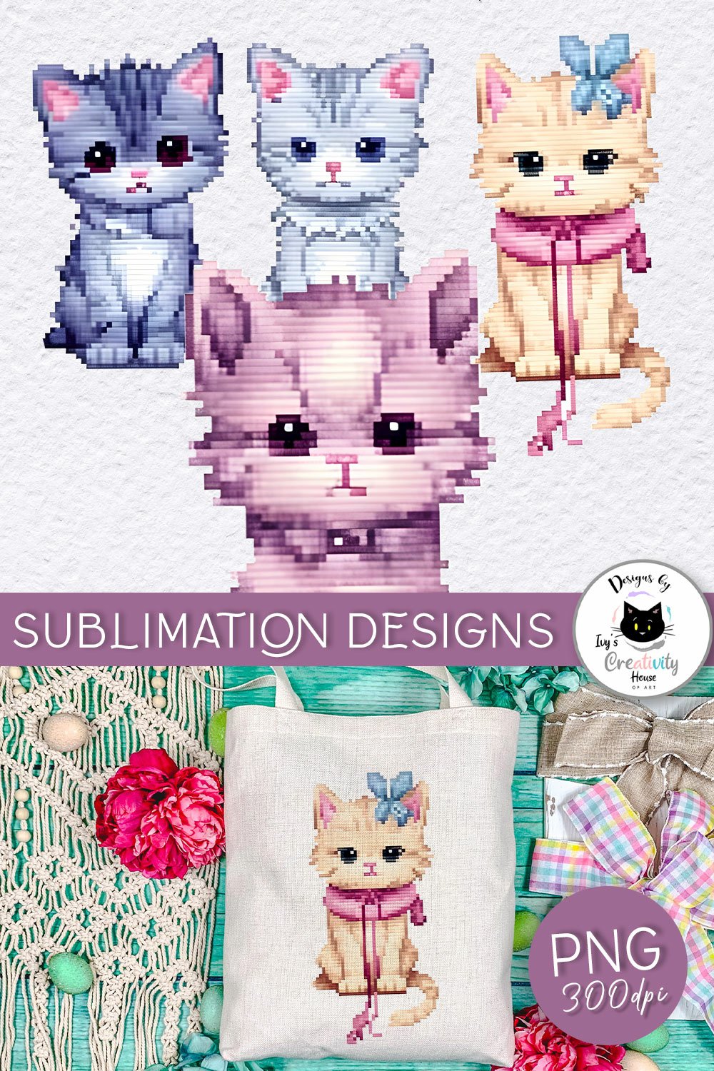 Cross Stitch Cat Sublimation Designs | Cute Cat Clipart