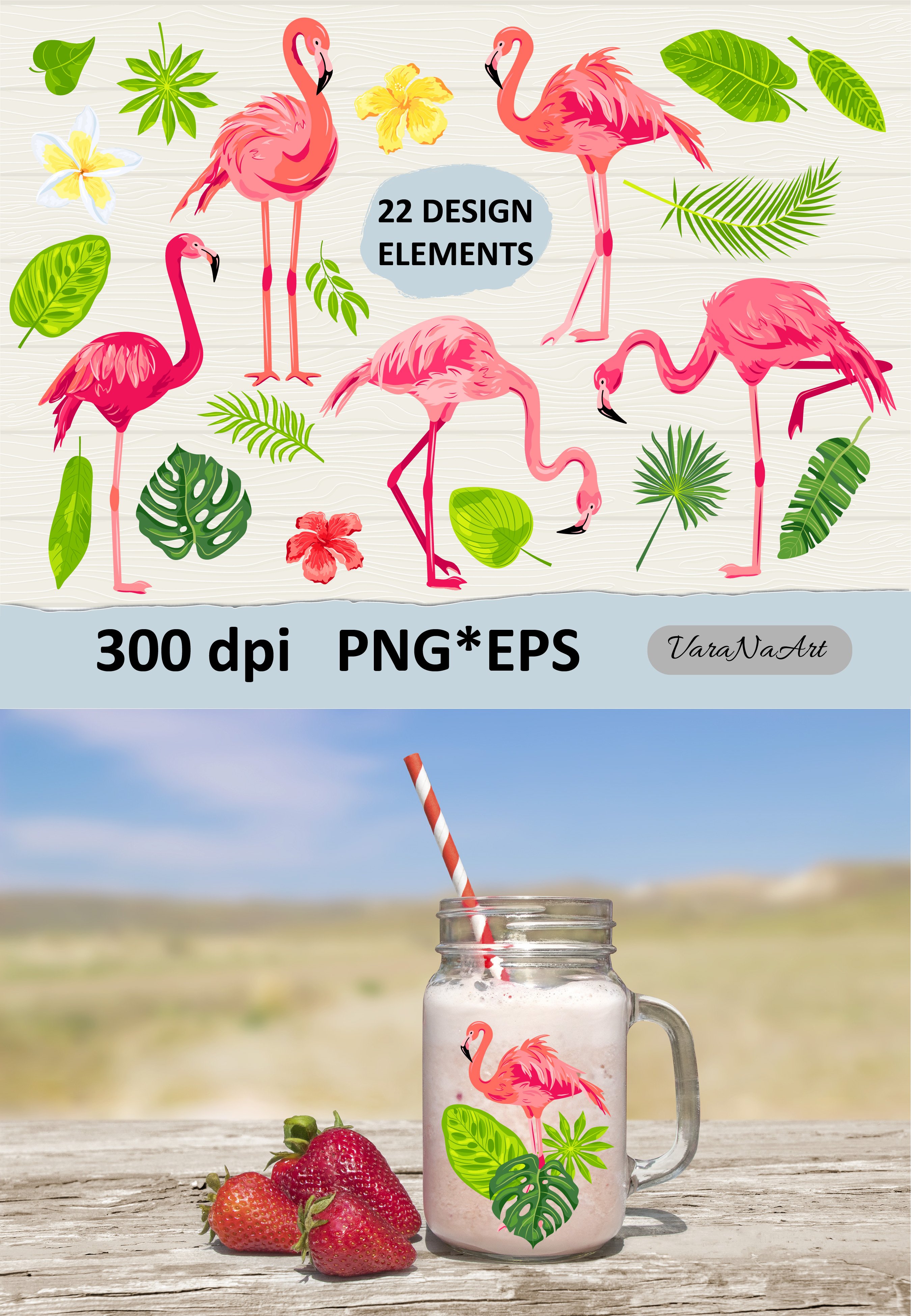 Pink flamingos, tropical leaves and flowers clipart.