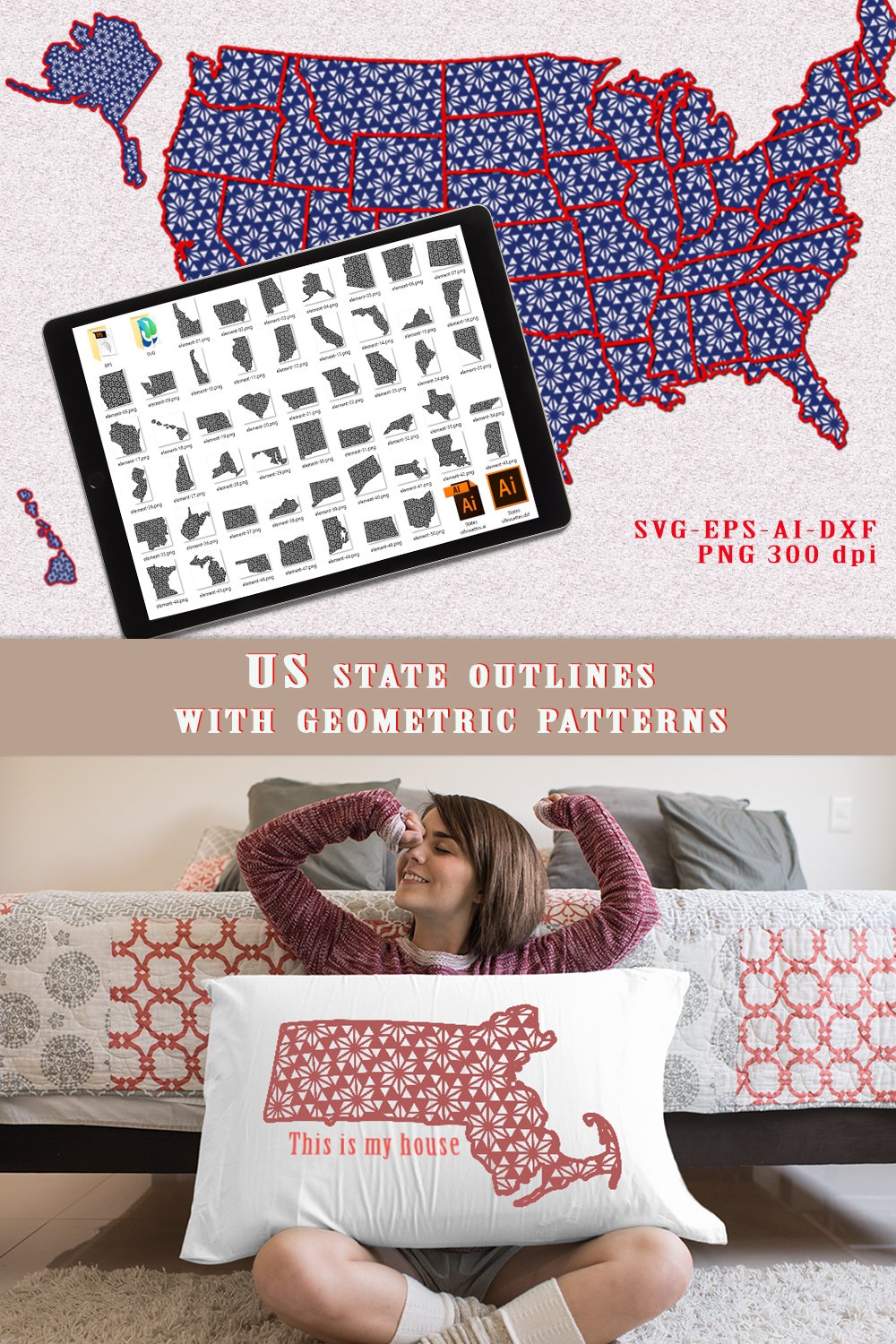 The outlines of the US states with a pattern