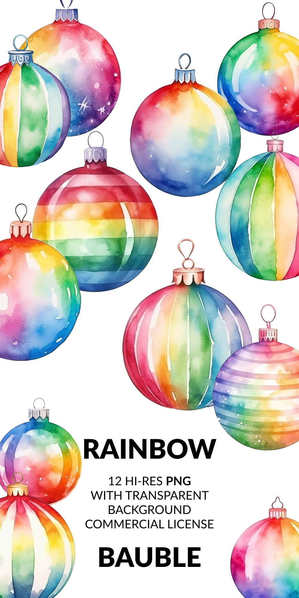 Watercolour Rainbow Christmas Baubles Clipart Bundle 12 PNG
