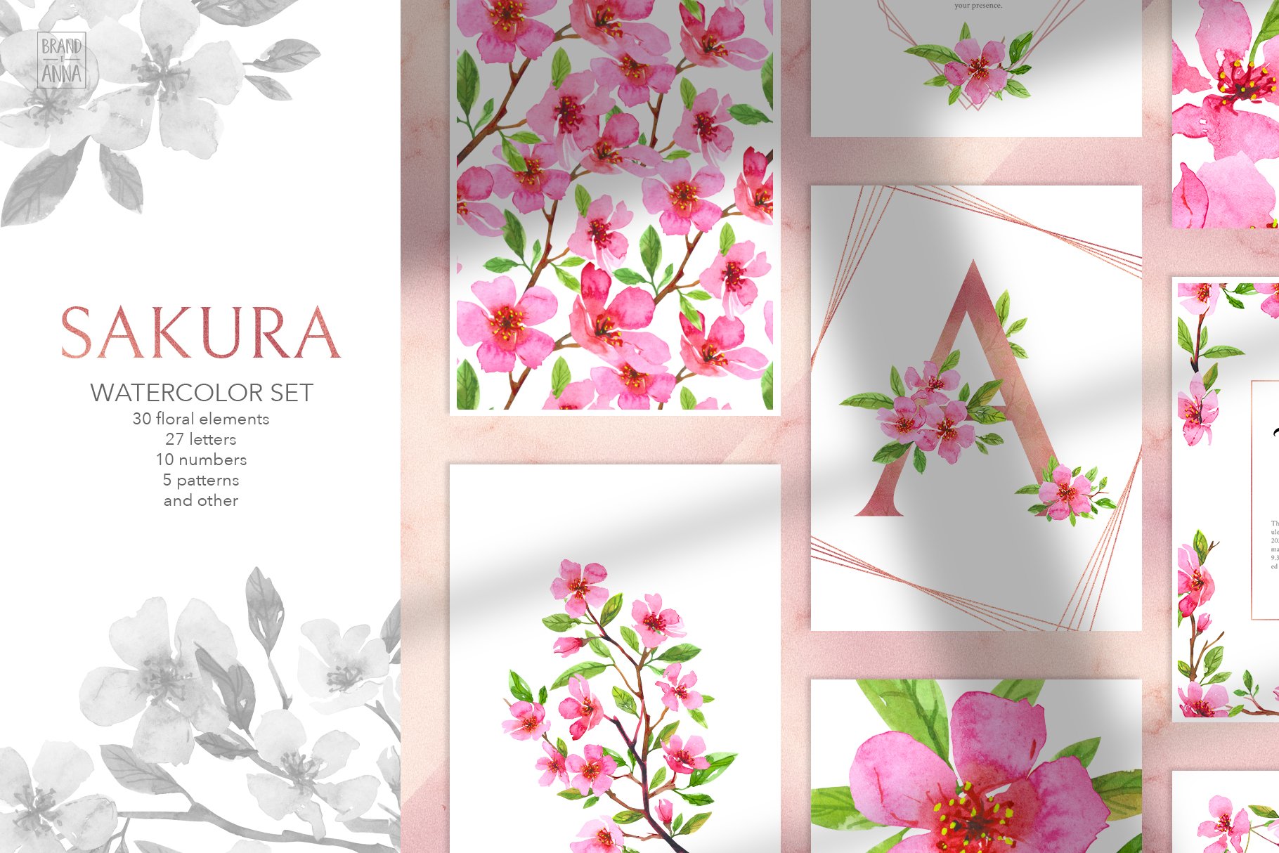 Spring pink flowers watercolor set and alphabet