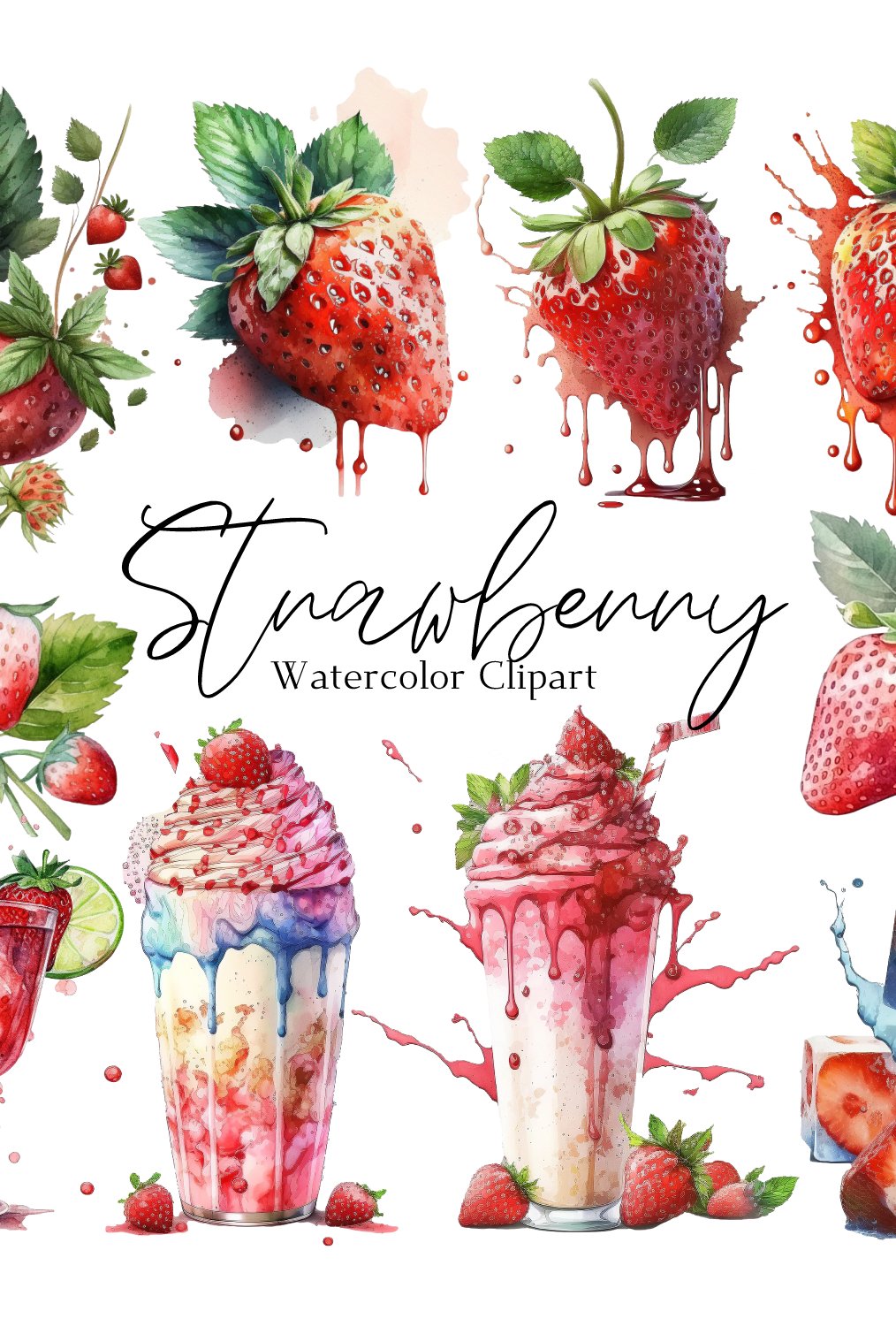 Strawberry Watercolor Clipart, Summer Strawberry Clipart PNG
