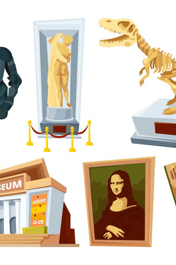 Set cartoon pictures of museum with exhibit pod and tools of