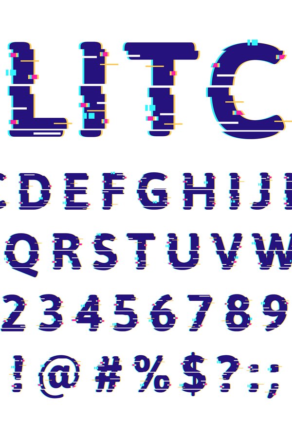 Glitch damage alphabet. Error pixel noise abs letters