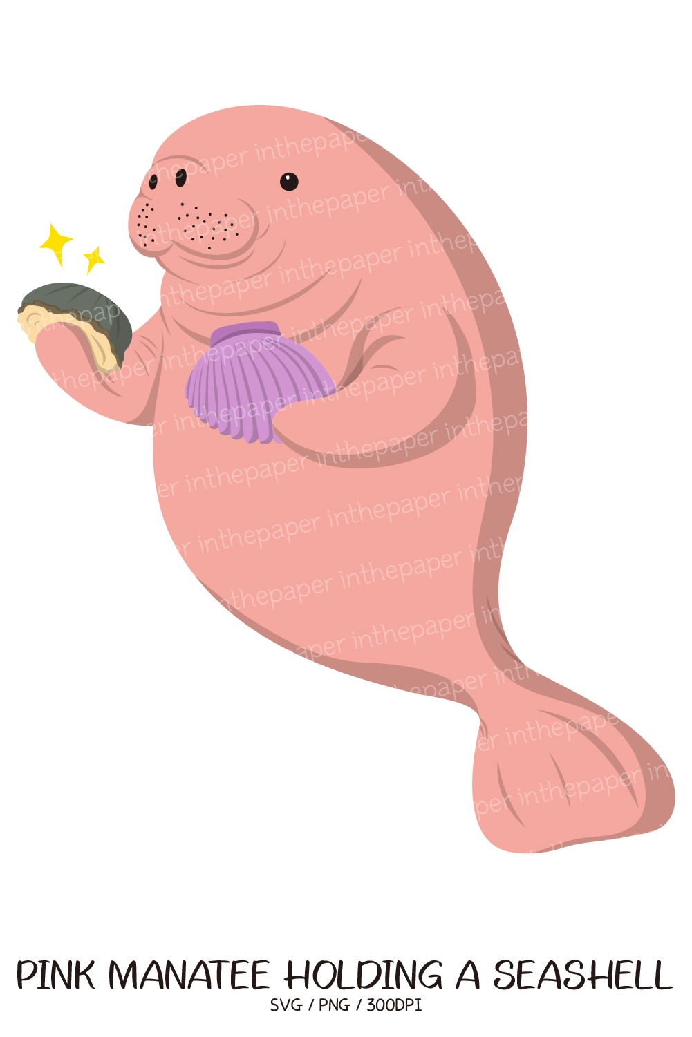 Pink Manatee Holding a Seashell | Cute Ocean Animal Clipart