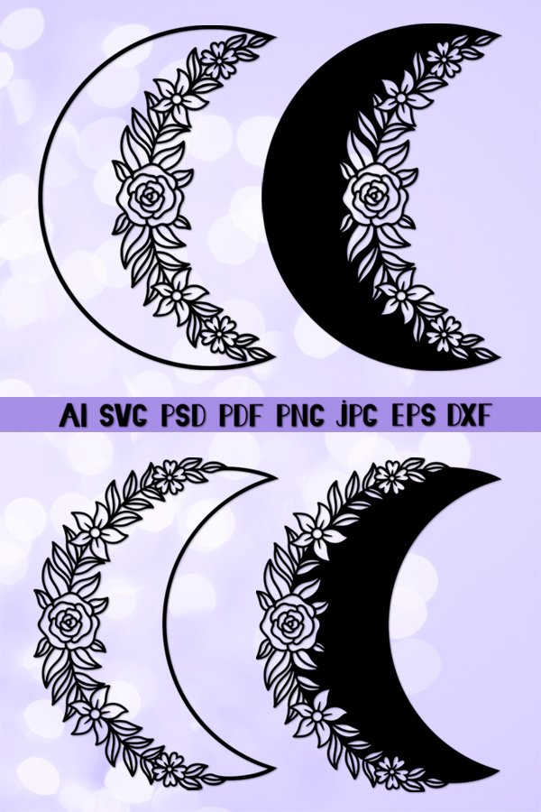 Cresent Moon With Florals - SVG
