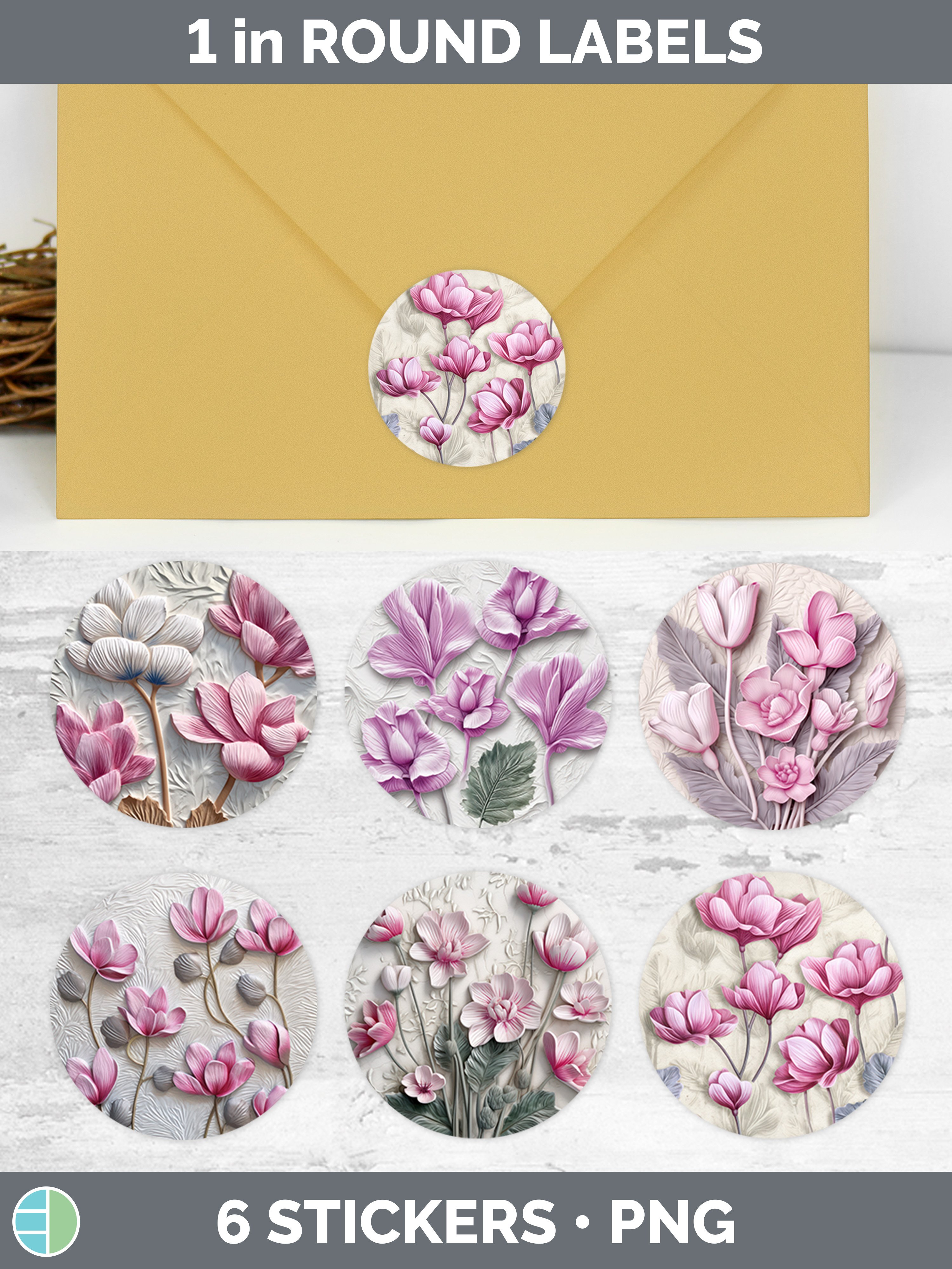 3D Cyclamen Flowers Stickers | Round Labels Designs Bundle